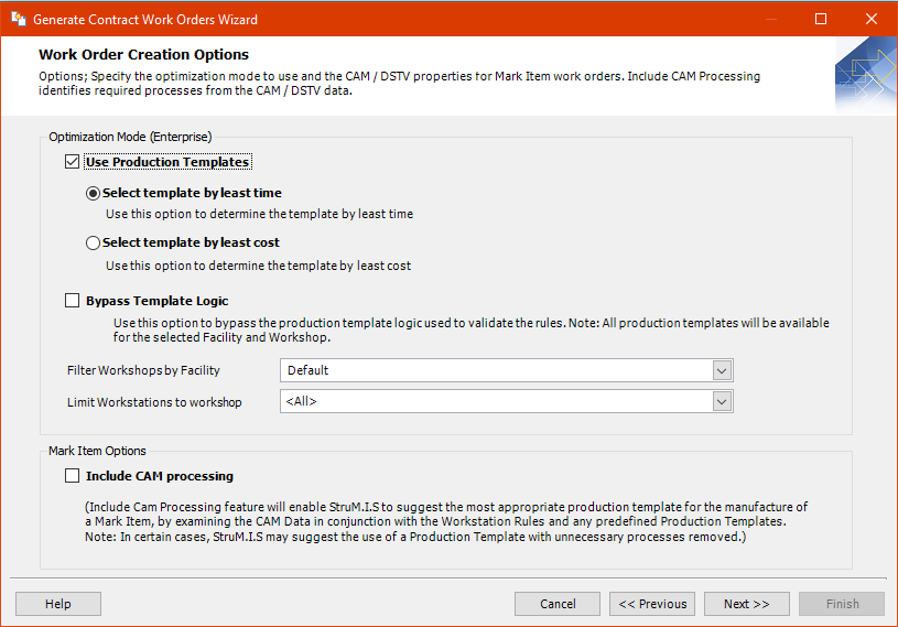 Generate Contract Work Orders Wizard Work Order Creation Options