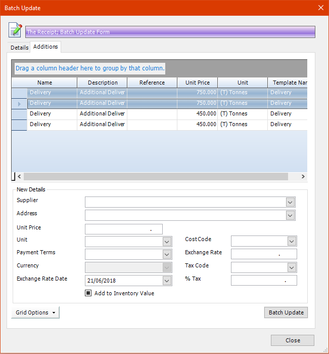 Batch update lines in the purchase order receipt
